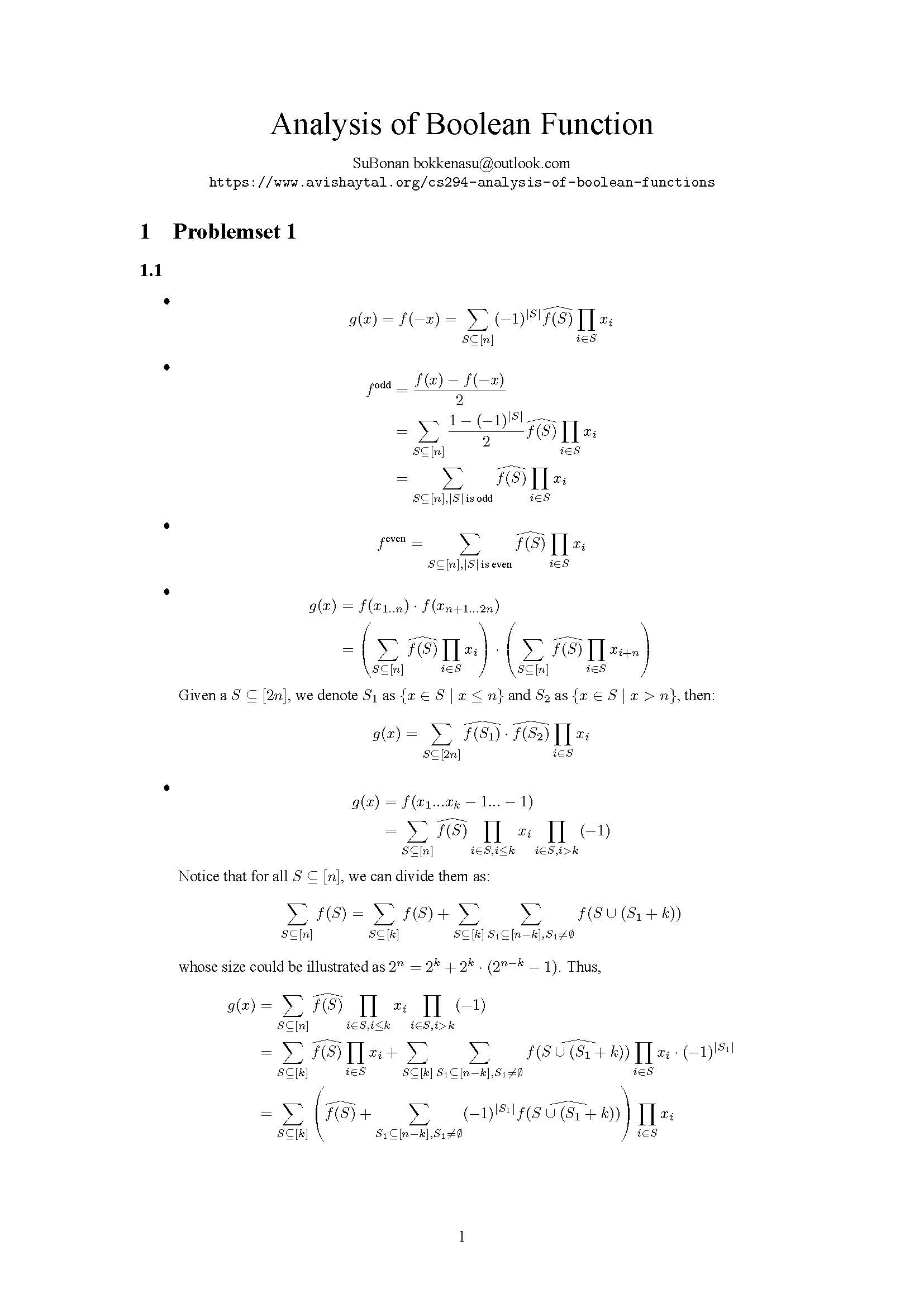 Analysis of Boolean Function （Course Exercise Solutions) - - 数学杂记 | SuBonan = やがて、平凡な人になる